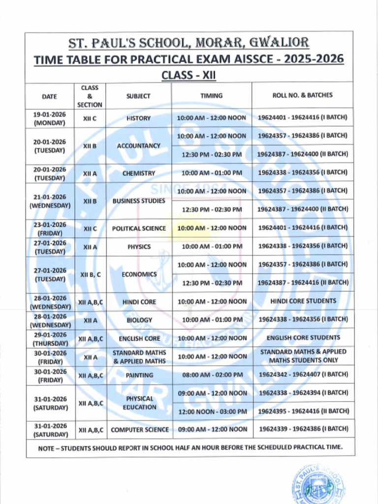 Practical Examination Time Table | PDF
