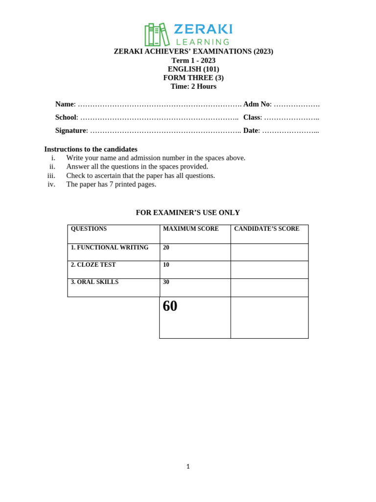 English - English Form 3 - Question Paper | PDF | Mentorship