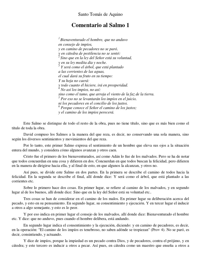 Comentario de Santo Tomás de Aquino Al Salmo 1 | PDF | Pecado | Felicidad Comentario de Santo Tomás de Aquino Al Salmo 1 | PDF | Pecado | Felicidad