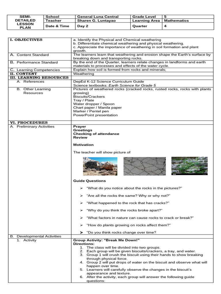 Lesson Plan DAY 2 Weathering | PDF | Weathering | Soil