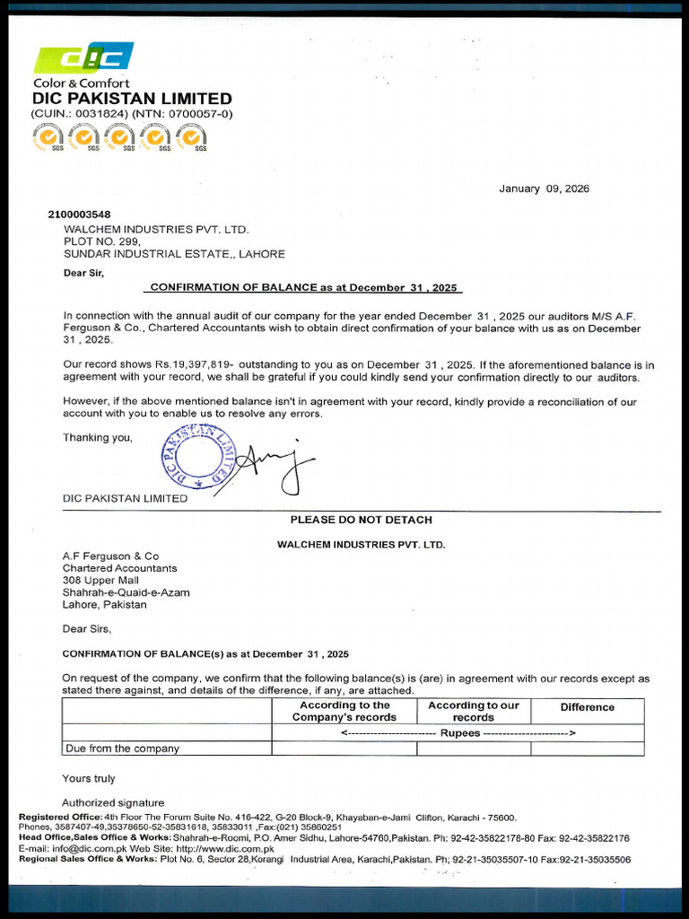 Walchem Industries Confirmation of Balance December 2025 | PDF