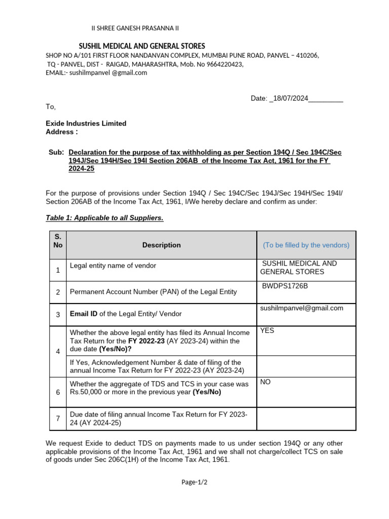VENDOR Declaration Format (206AB) FY 24-25 (1) | PDF | Public Finance ...