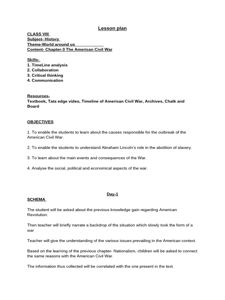 The American Civil War Class 8th Lesson Plan | PDF | Lesson Plan ...