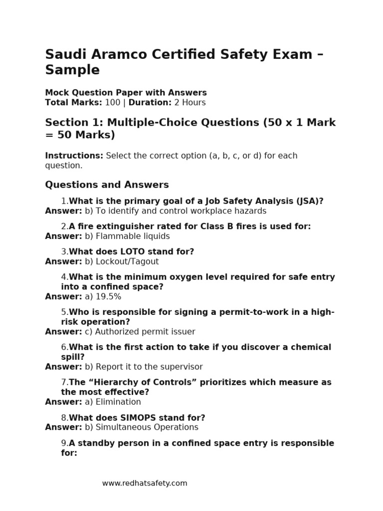 Saudi Aramco Certified Safety Exam Sample - Question Paper With Answers ...
