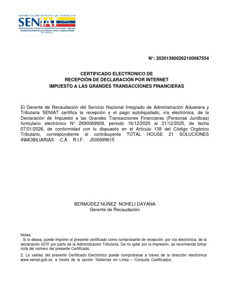 Certificado Igtf 16-12-2025 Al 31-12-2025 Totalhouse21, C.A | PDF