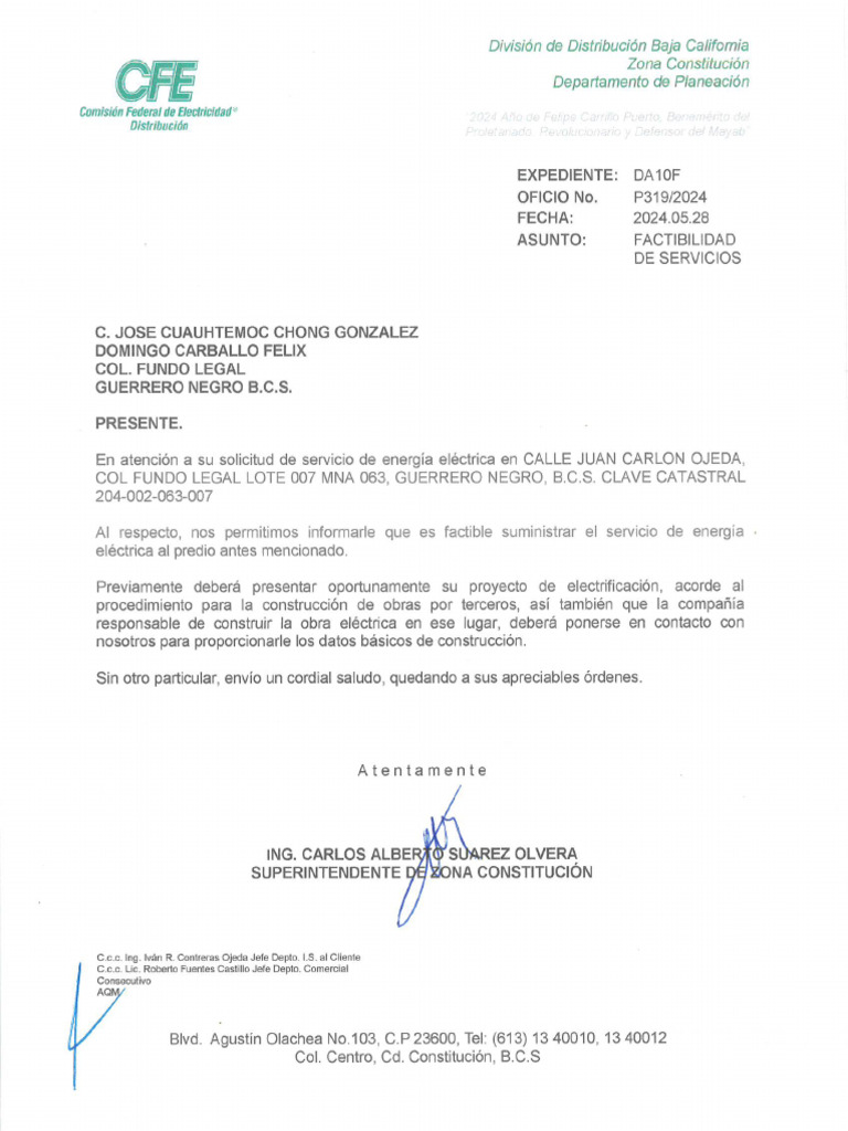 Factibilidad de Servicios c. Jose Cuauhtemoc Chong Gonzalez | PDF