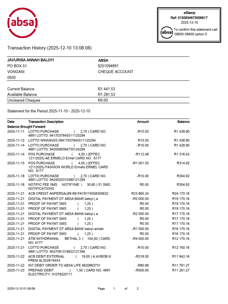 Javurisa Annah Baloyi 2025-11!10!2025!12!10 Stamped | PDF | Debit Card ...