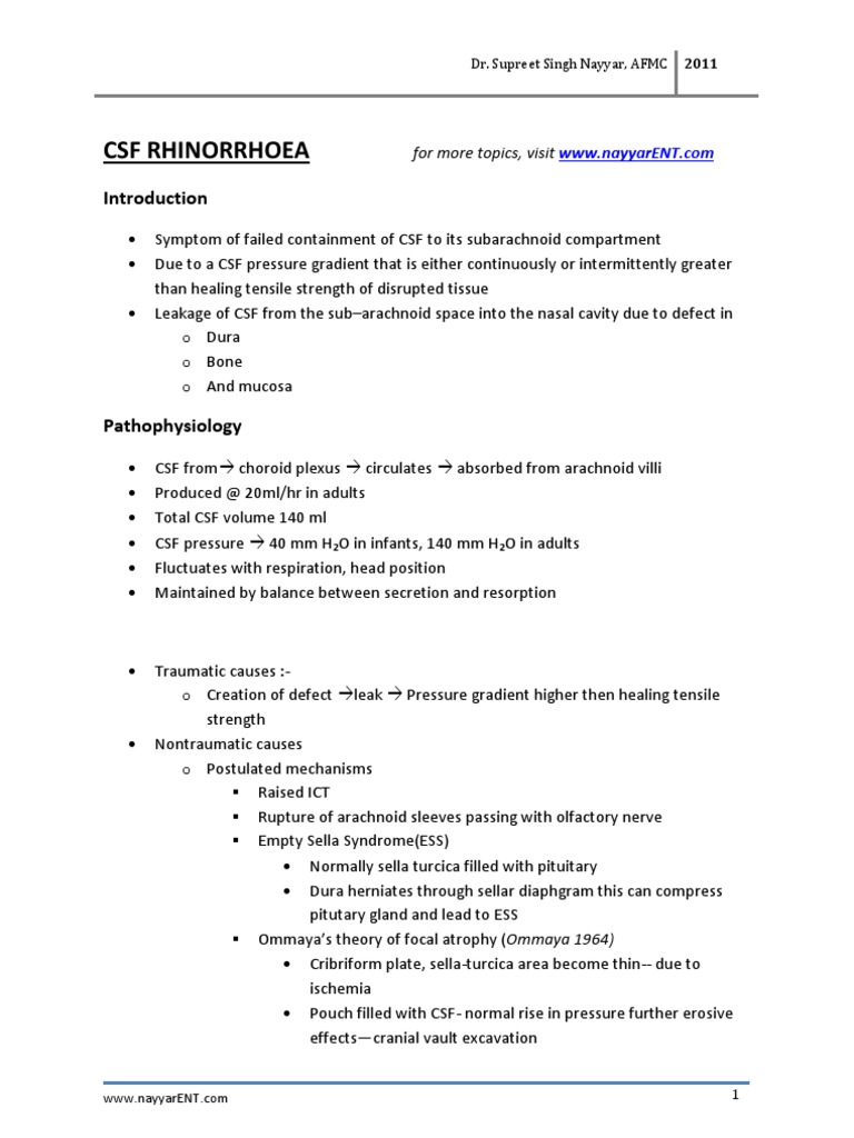 CSF Rhinorrhoea | PDF | Cerebrospinal Fluid | Skull