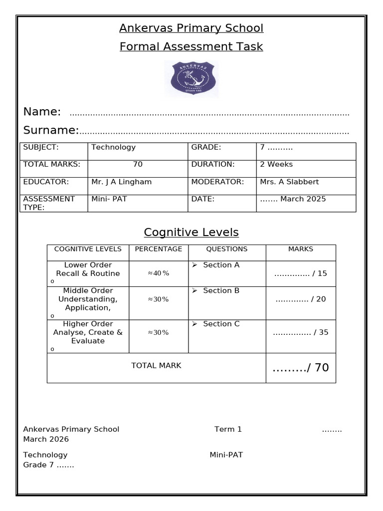 GR 7 Tecnology Mini-Pat 2024 Term 1 | PDF | Mechanical Engineering