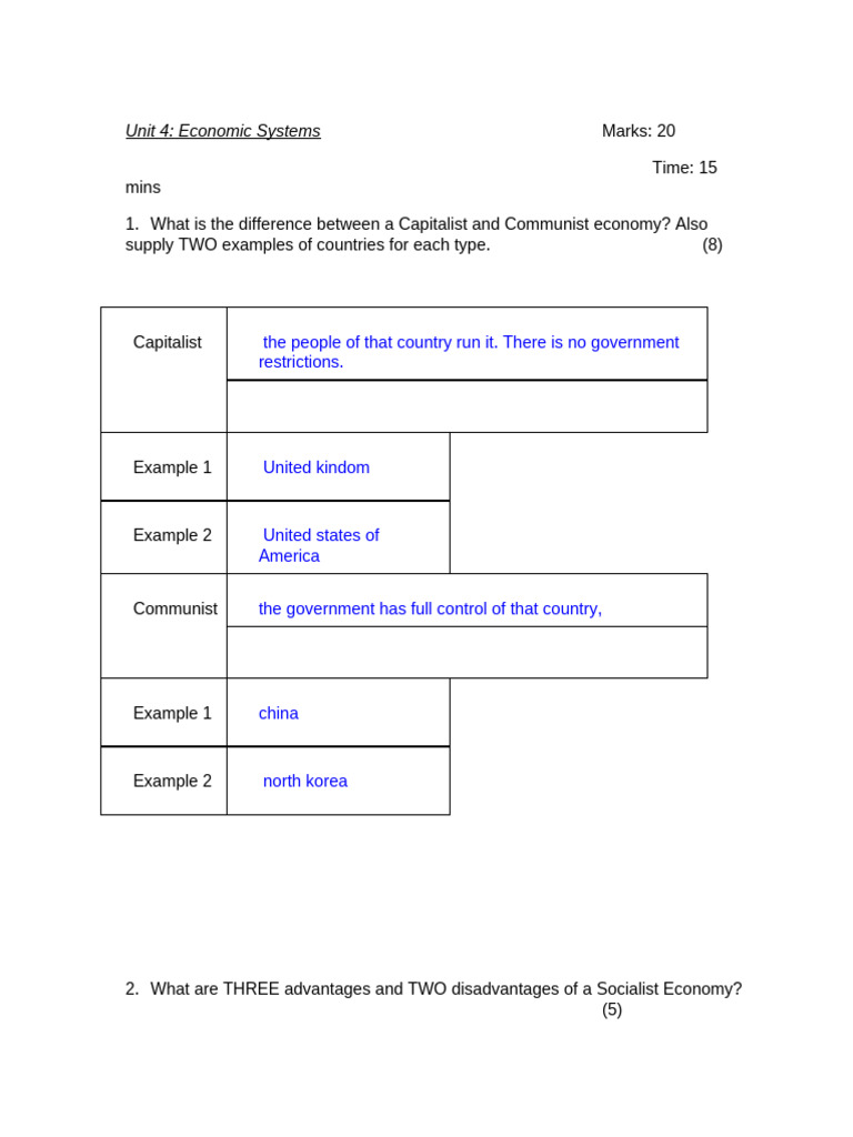 Economic Systems Worksheet | PDF