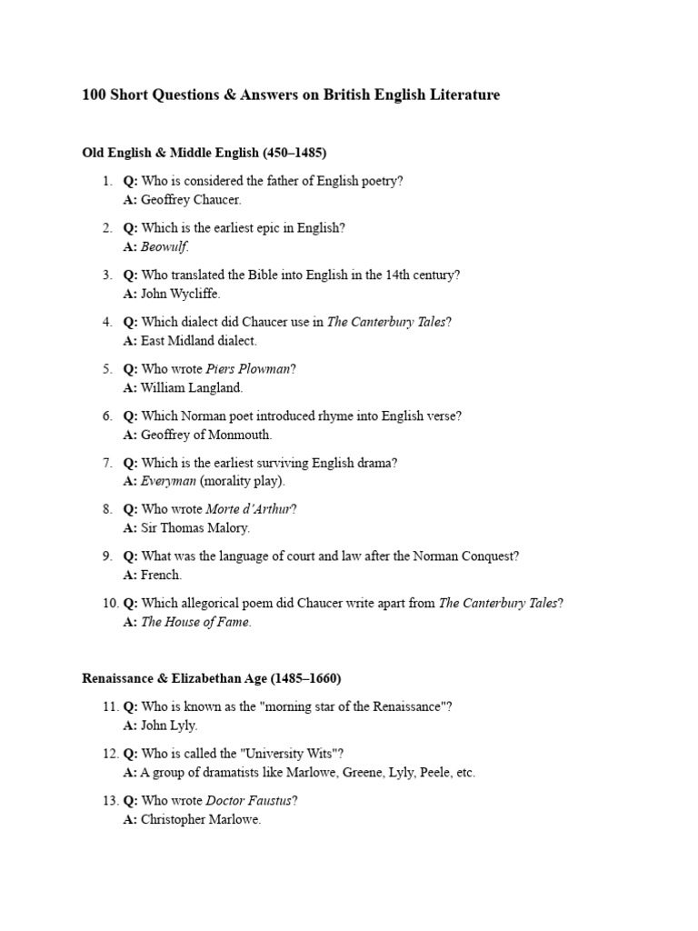 100 Short Questions Answers On British English Literature | PDF ...