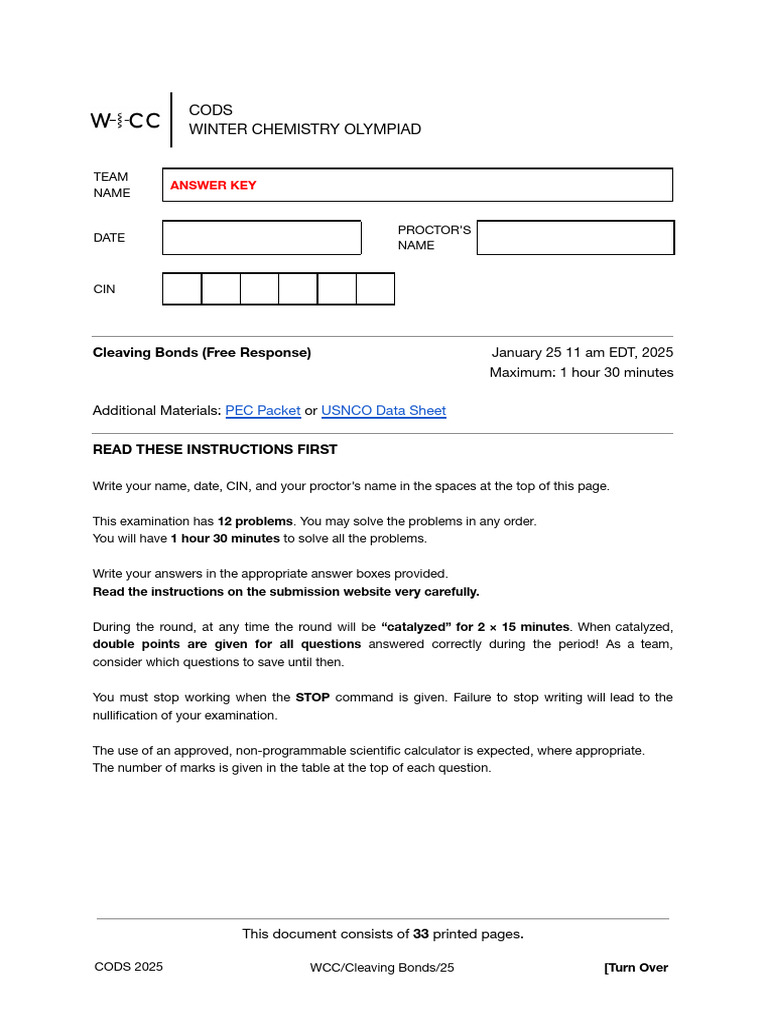 (WCC'25) Cleaving Bonds Solutions | PDF | Chemical Substances ...