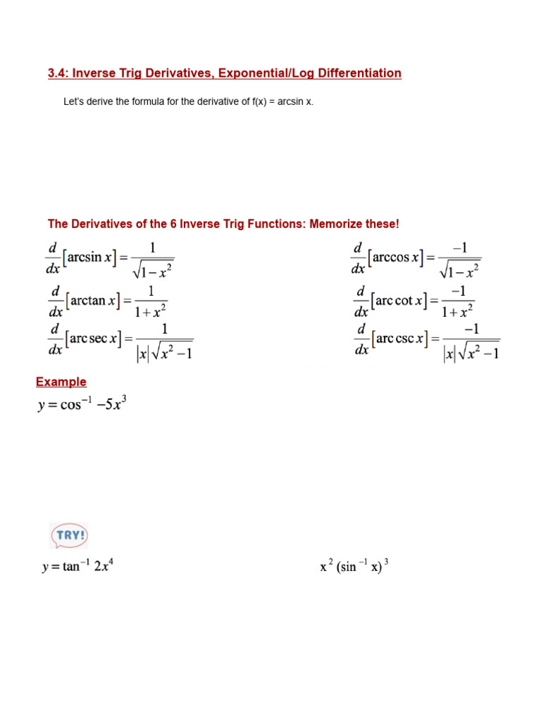 3.4_ Inverse Trig Derivatives, Exponential_Log Differentiation | PDF