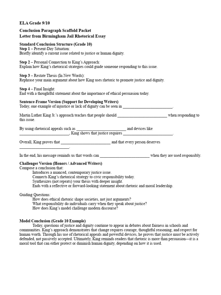 ELA 9:10 Letter From Birmingham Jail Conclusion - Paragraph_Scaffold | PDF