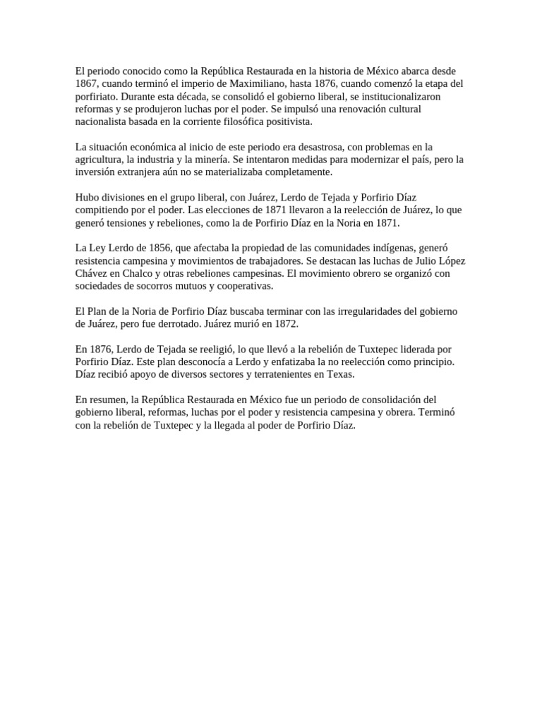 El Periodo Conocido Como La República Restaurada en La Historia de ...