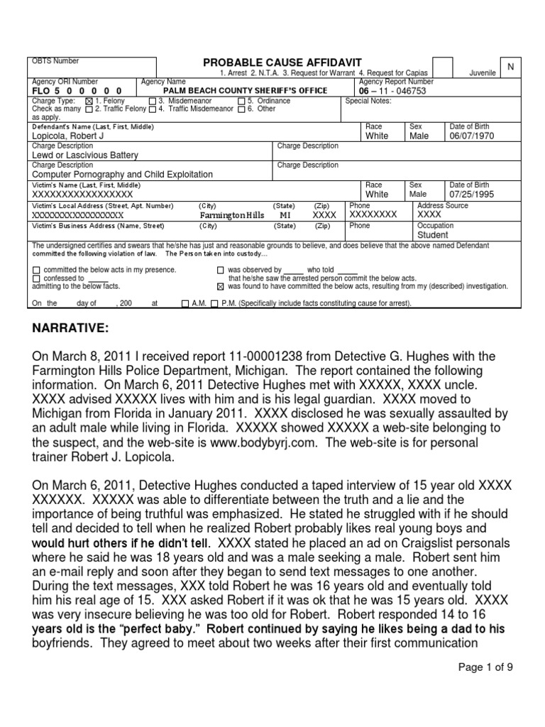 Probable Cause Affidavit: Lopicola | PDF | Arrest Warrant | Arrest