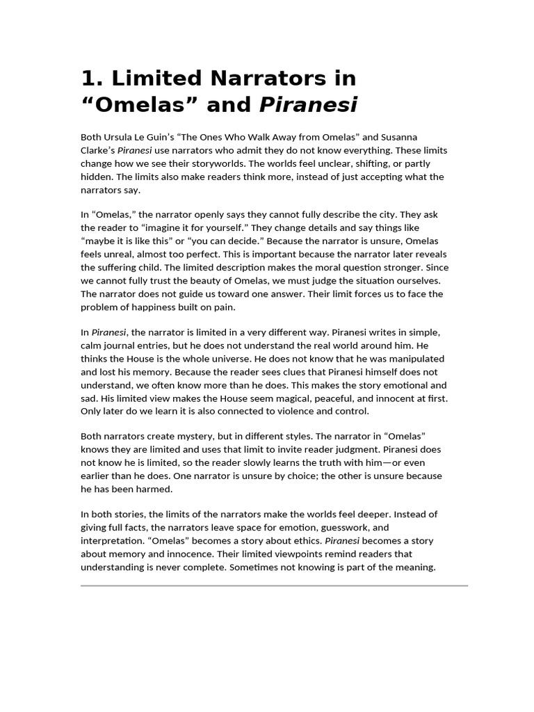 Limited Narrators in "Omelas" And: Piranesi | PDF | Mrs Dalloway
