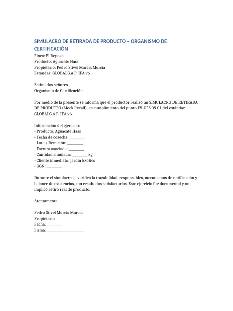 Carta Simulacro Retirada OC GLOBALGAP | PDF
