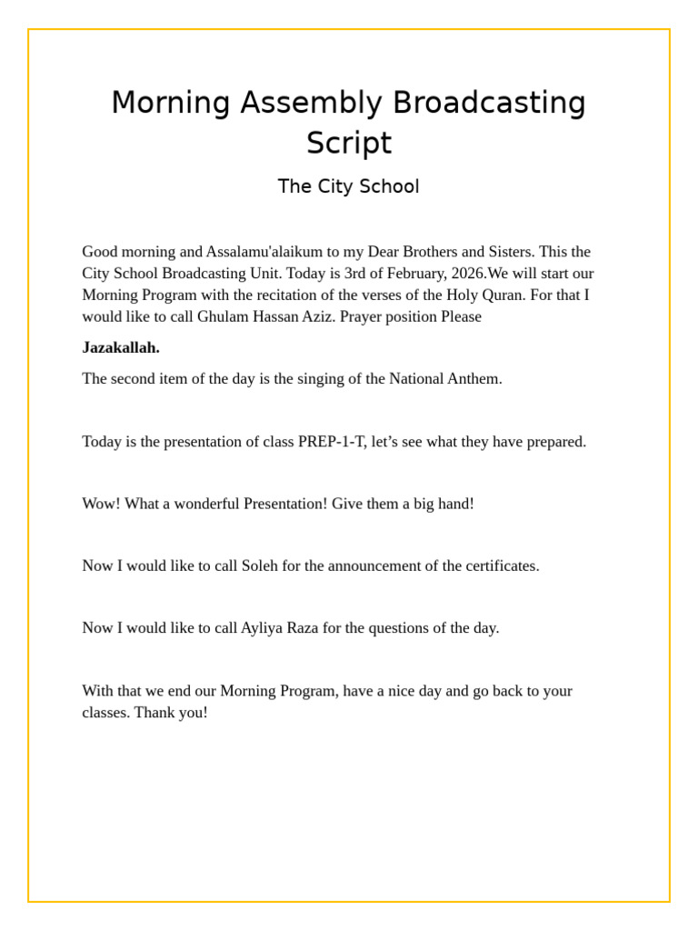 Morning Assembly Broadcasting Script | PDF