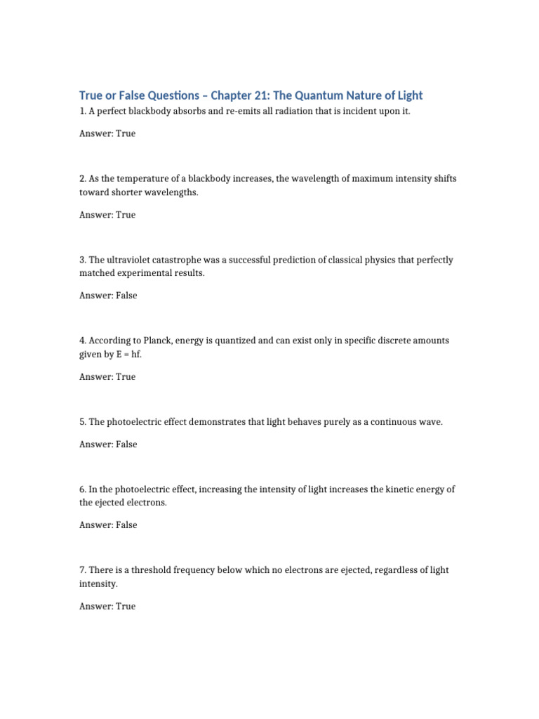 True or False Quantum Nature of Light | PDF