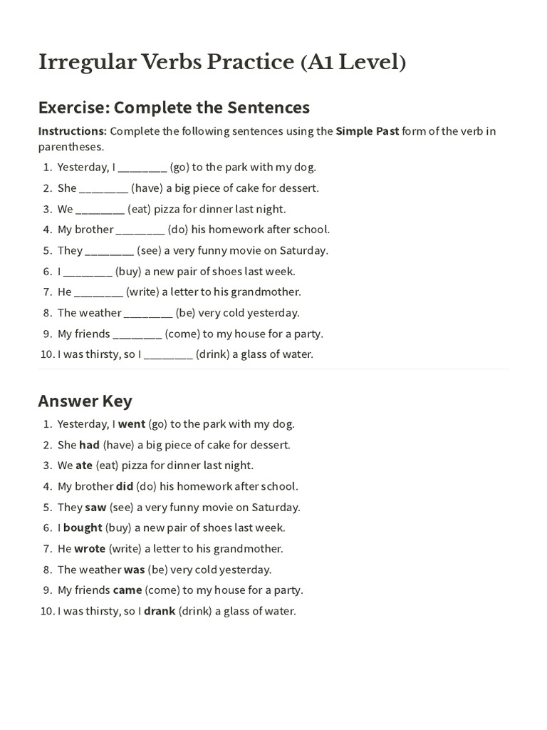 Irregular Verbs Practice (A1 Level) | PDF