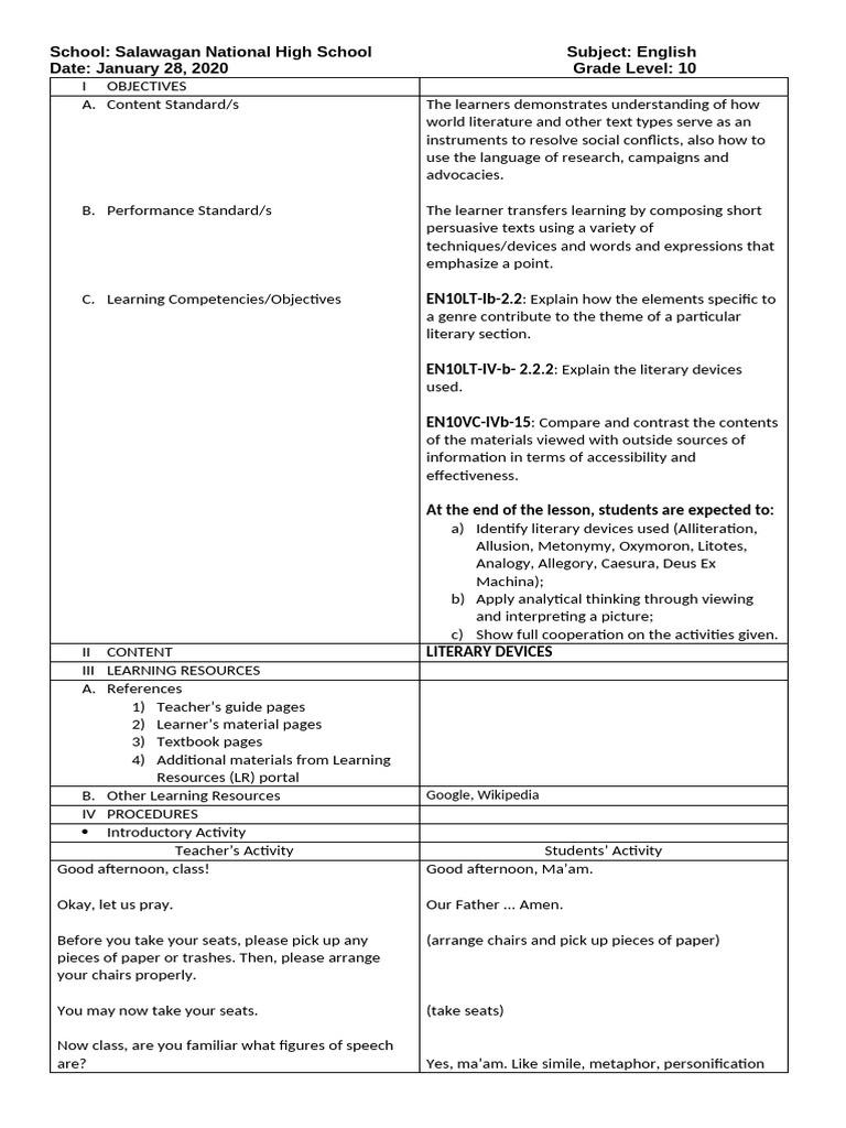 Lesson 2 LP Literary Devices | PDF | Learning