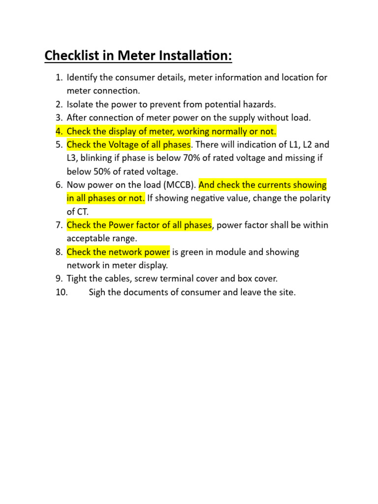 Checklist in Meter Installation | PDF