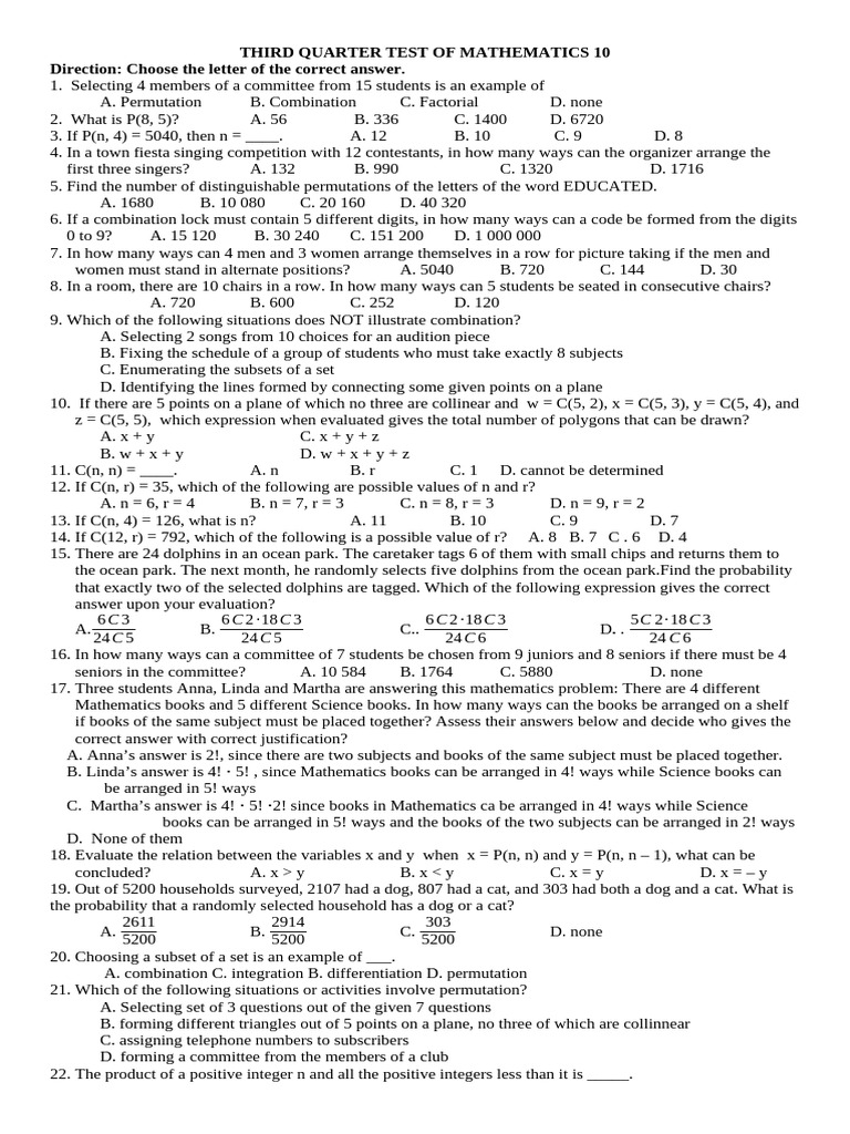 Math 10 Third Quarter 2024-2025 | PDF | Permutation | Mathematics