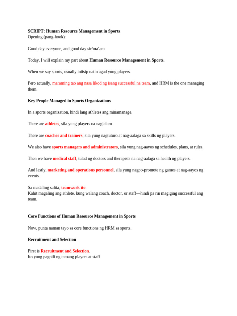 SCRIPT - Human Resource Management in Sports | PDF | Industrial ...