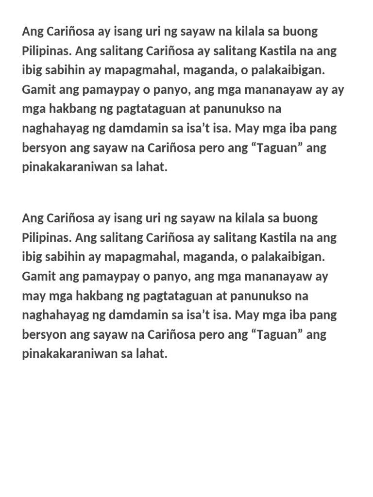 Ang Cariñosa Ay Isang Uri NG Sayaw Na Kilala Sa Buong Pilipinas | PDF