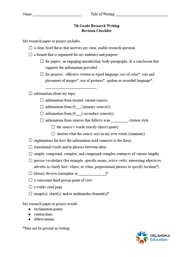 Grade 7 Research Checklist | PDF