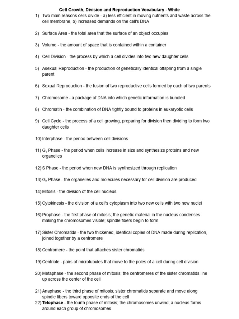 Copy of Cell Growth, Division and Reproduction Vocabulary | PDF