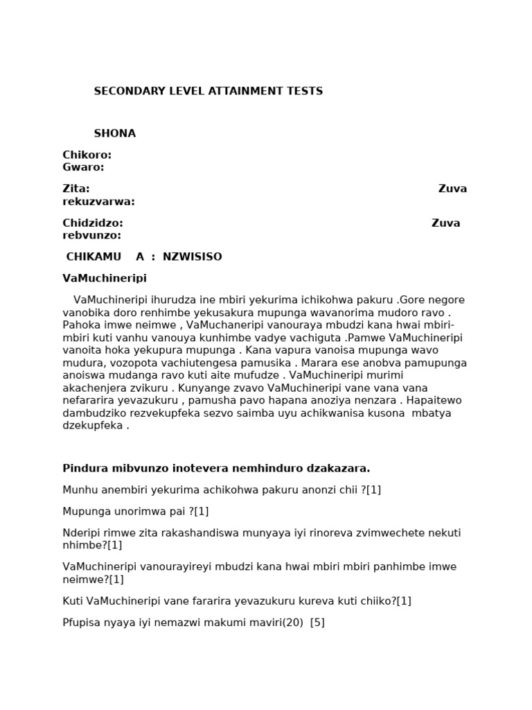 SECONDARY LEVEL-Shona Attainment Tests | PDF