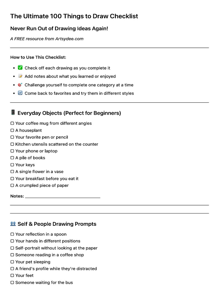 The Ultimate 100 Things To Draw Checklist | PDF