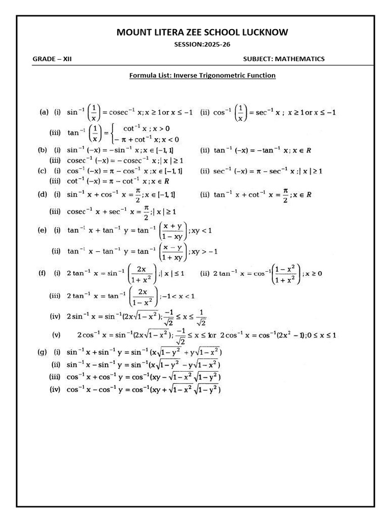 Grade 12 Maths Itf (Formula Sheet) | PDF