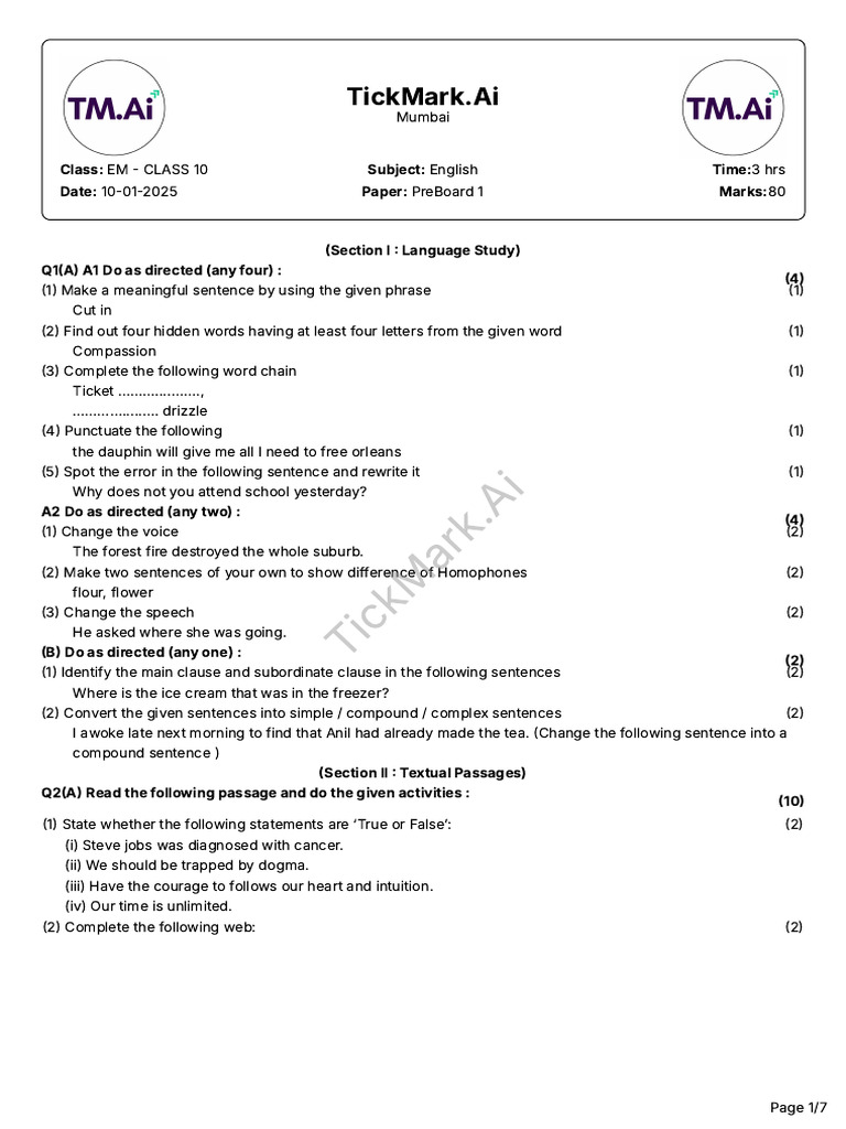 01 English Prelim 1 Question Paper | PDF