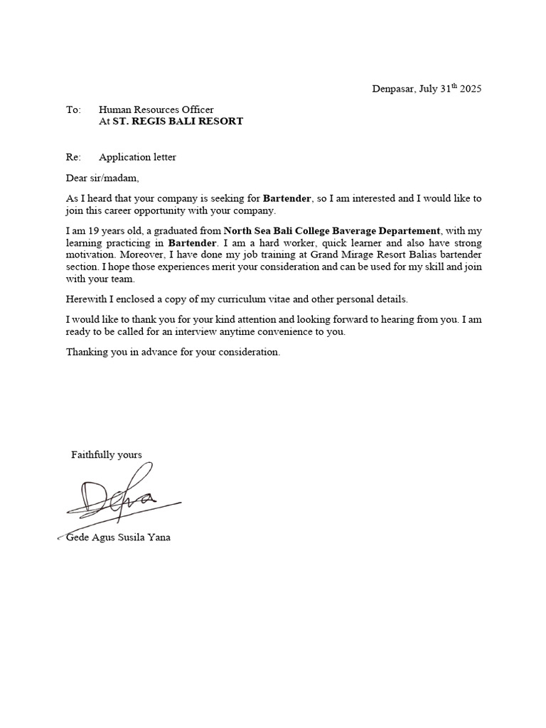 Application Letter Gede Agus Susila Yana - Amnaya Hotel | PDF
