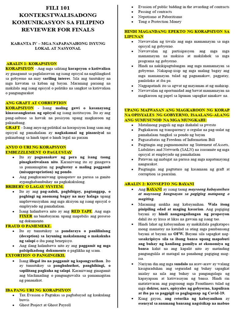 FILI 101 - REVIEWER FINALS | PDF