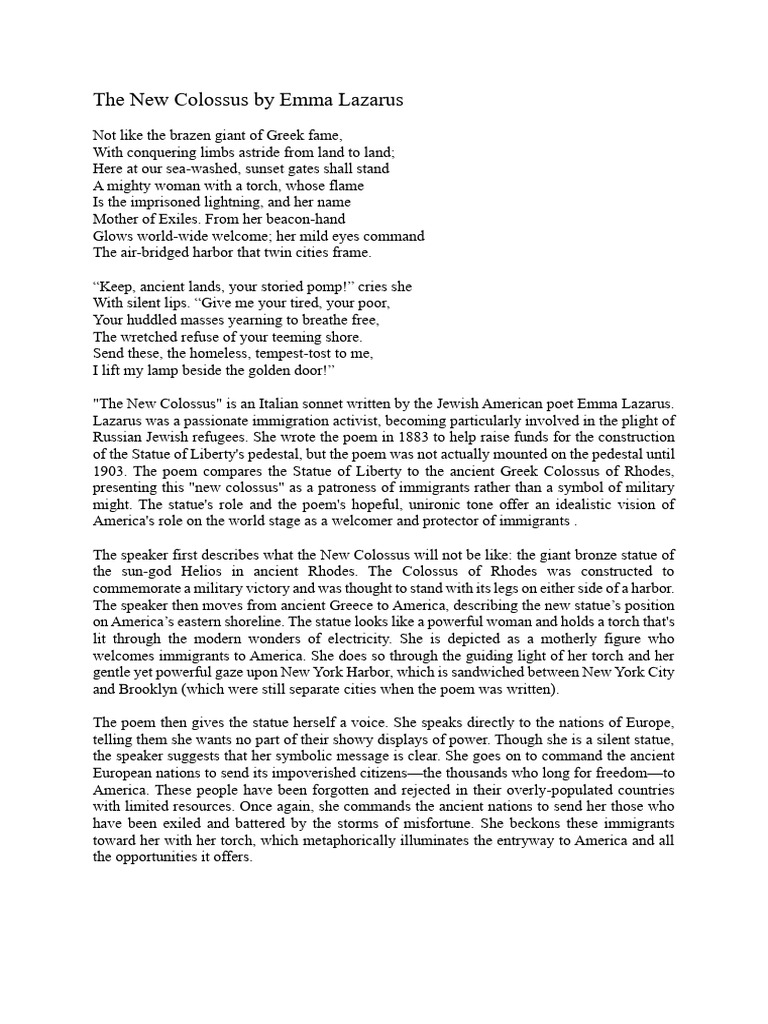 The New Colossus by Emma Lazarus | PDF