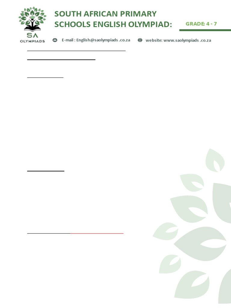 English HL Grade 4 Olympiad Memo | PDF