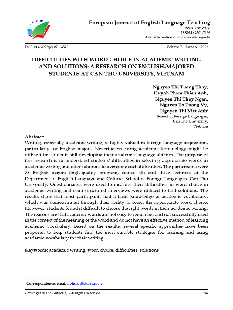 Academic Writing, Word Choice, Difficulties, Solutions | PDF ...