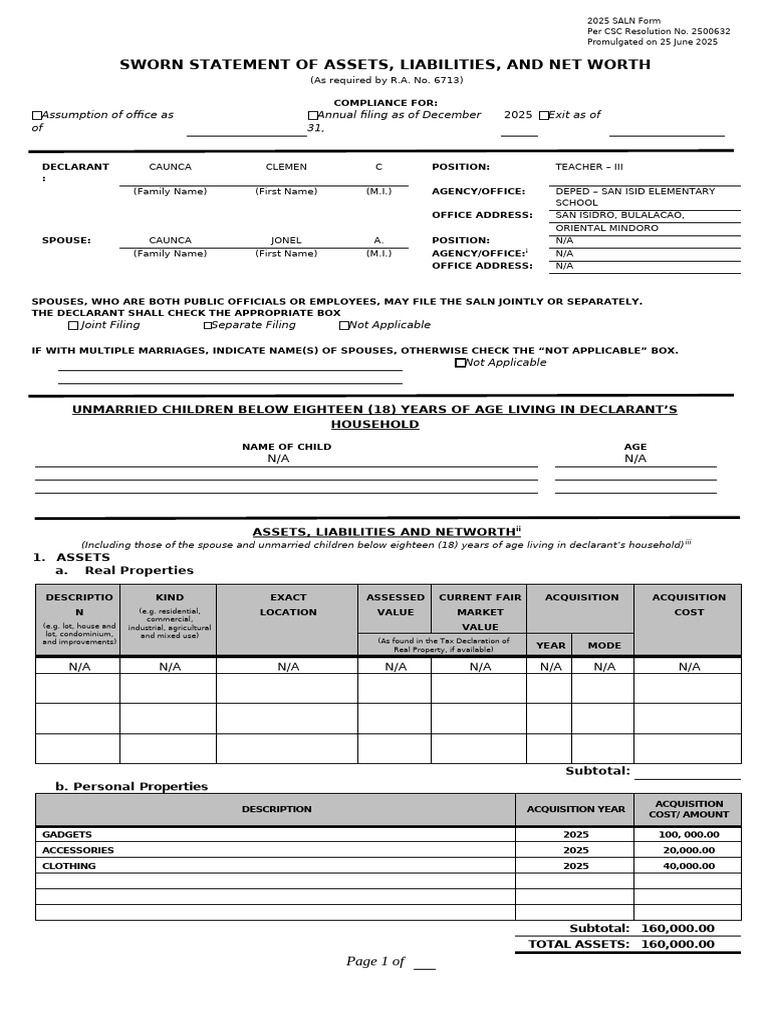 1 A Rules Annex A 2025 SALN Form Updated Form As of 3 February 2026 | PDF