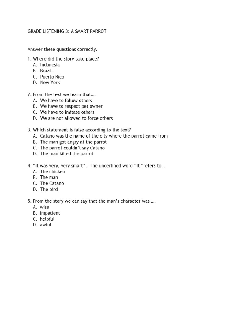 Questions of Graded Listening 3 - A Smart Parrot | PDF
