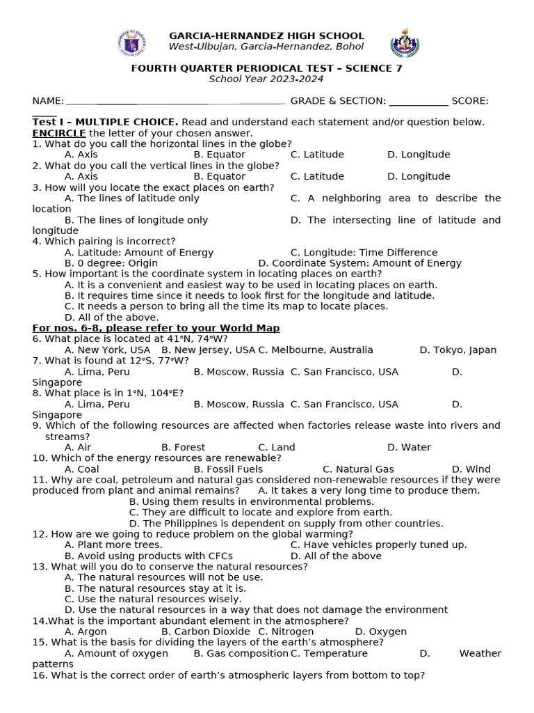 Q4 SCIENCE 7 Periodical Test | PDF | Atmosphere Of Earth | Solar Eclipse