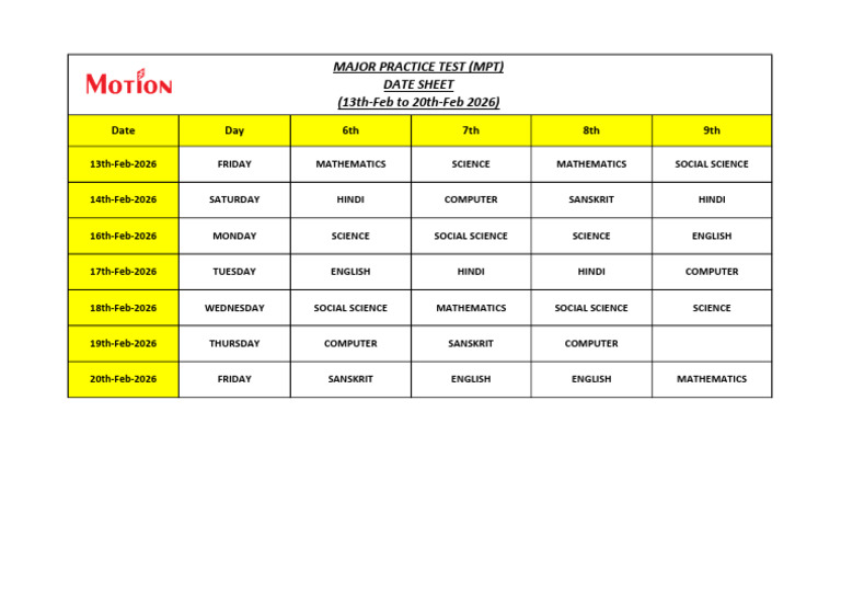 MPT (Major Test) Date Sheet (2025-26) | PDF