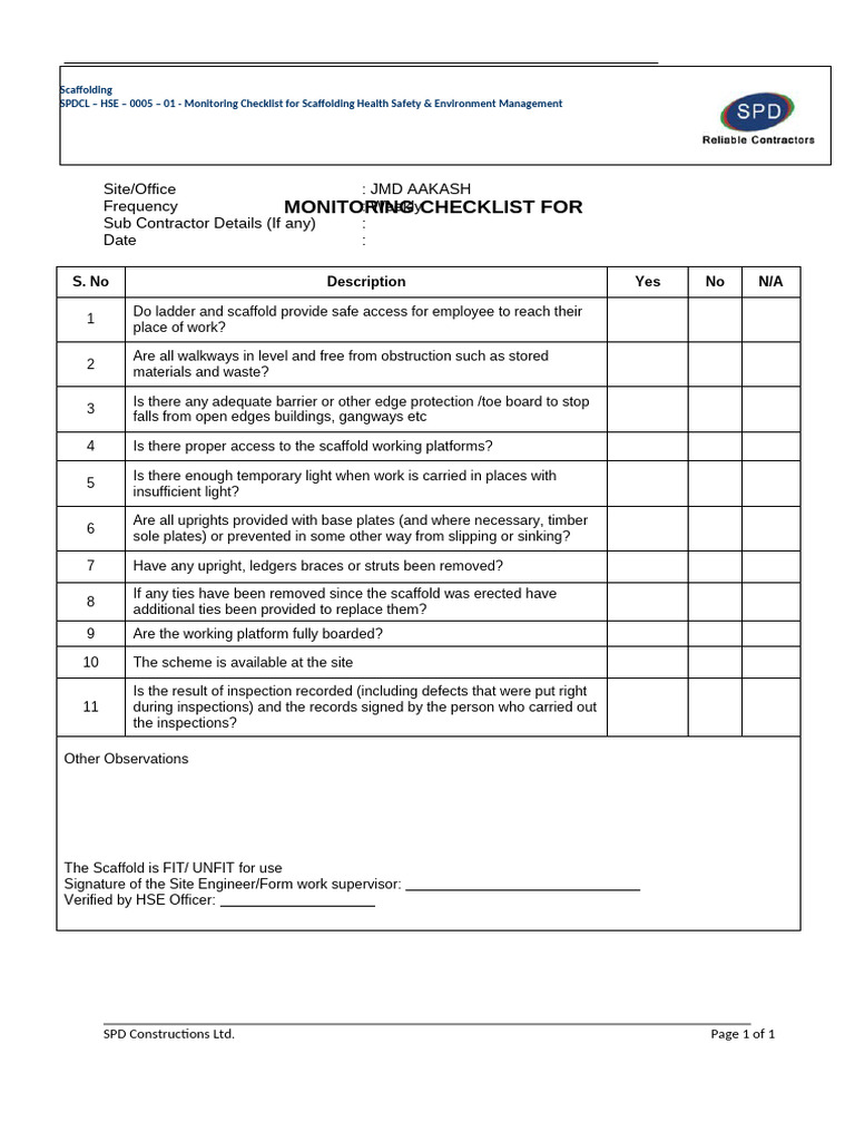 SPDCL - HSE - 0005 - 01 - Monitoring Checklist For Scaffolding | PDF