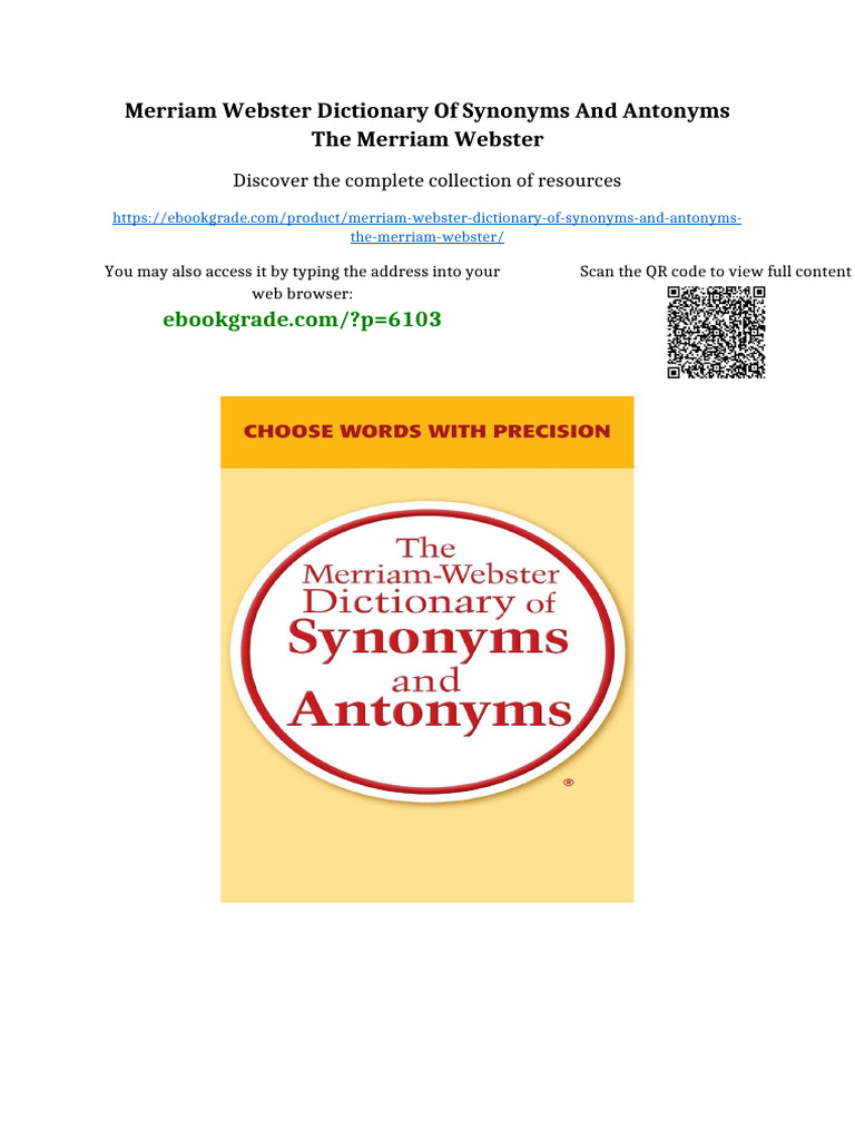 Merriam Webster Dictionary of Synonyms and Antonyms The Merriam Webster ...