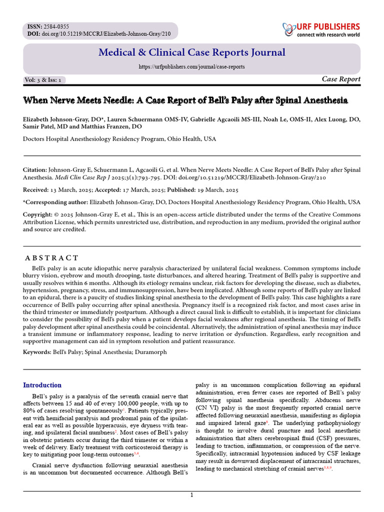 When Nerve Meets Needle: A Case Report of Bell’s Palsy after Spinal ...