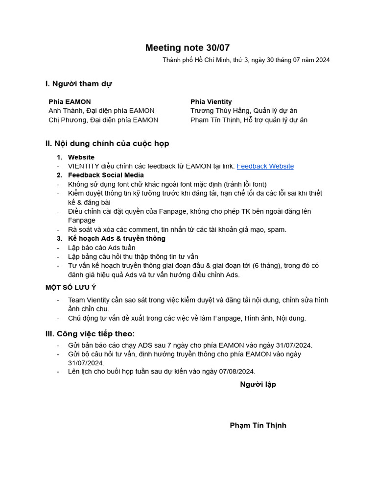 (Vientity - Eamon) Meeting Note 30 - 7 | PDF