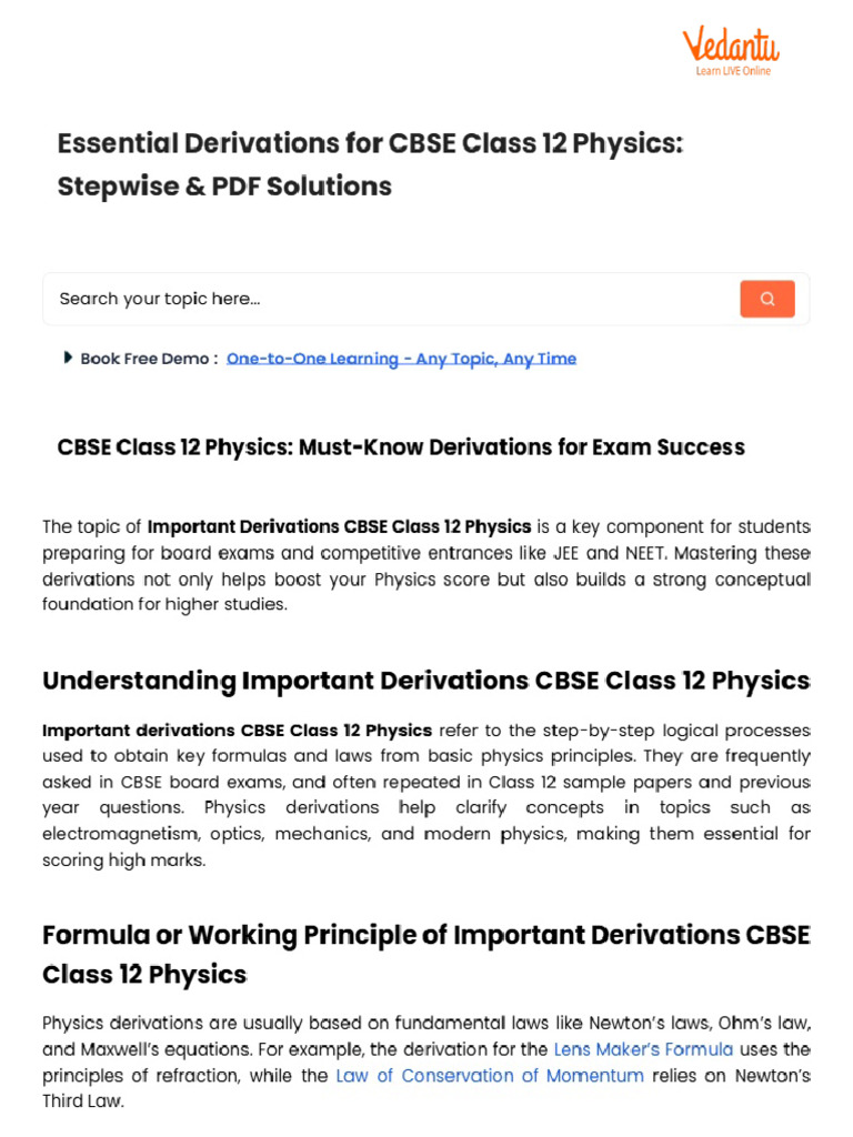 Essential Derivations for CBSE Class 12 Physics_ Stepwise & PDF ...